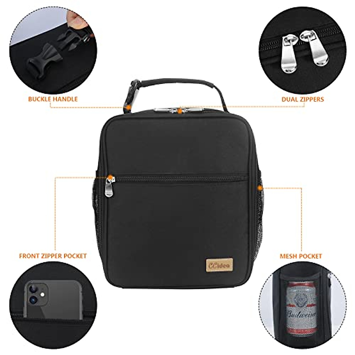 CCidea Lunch Box for Men Women Adults, Portable Insulated Lunch Bag for Office Work School, Reusable Zippered Bento Lunch Box for Kids (Black)