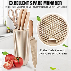 Gulymm Kitchen Knife Set, 6 Pcs Sharp Knife Set for Kitchen, Anti-Rust Stainless Sharp Knife Set with Universal Knife Block, Knife Set Contains Round Knife Storage, Knives, Scissors for Kitchen (Khaki
