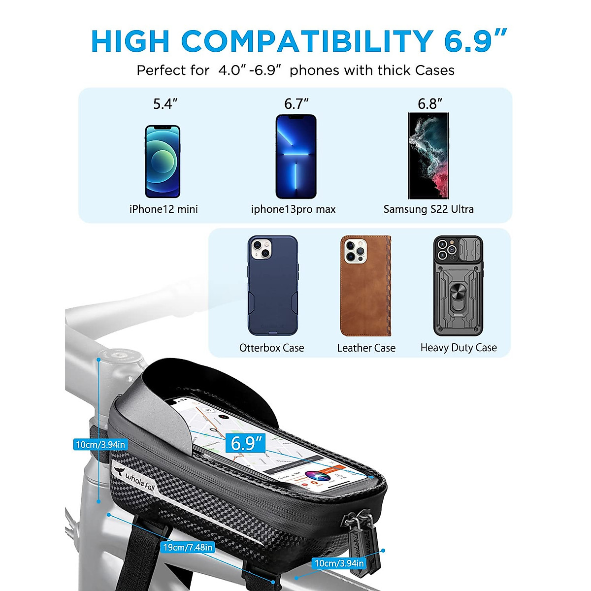 whale fall Newest Hard Casing Bike Bag, Bike Accessories, Never Deform/Waterproof, Bike Phone Holder Bike Phone Mount with 0.25mm Sensitive TPU Touch-Screen, with Rain Cover for Phones under 6.9''