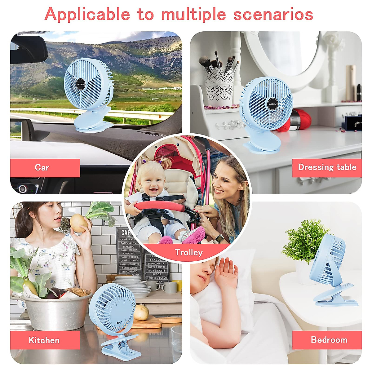 AOGELI Portable Fan,Small Clip on Fan,Clip Fan for Bed,Mini Desk Fan,10000 mAh Rechargeable Battery Operated Fan,3 Speeds Personal Fan,360°Rotate Clip Fan for Stroller Golf Cart Travel Camping Blue
