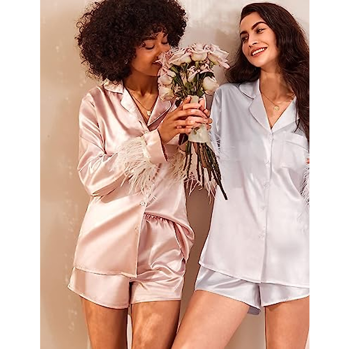 Ekouaer Women's Satin Pajama Silk Pj Sets Feather Trim Comfy Satin Sleepwear Long Sleeve Pjs Wedding Bride White L