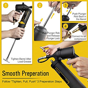 AZUNO Pneumatic Grease Gun, Heavy Duty 6000 PSI Air Compressor Grease Guns with Flex Hose, Metal Extension, Professional Coupler and Sharp Nozzle
