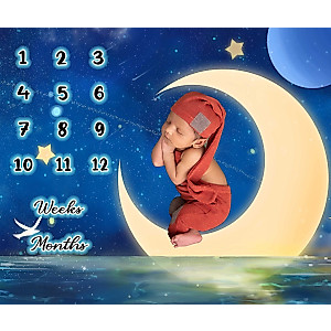 KIKIDOR Dreamy Moon Theme Baby Monthly Milestone Blanket Fantasy Crescent Moon Starry Sky New Baby Photo Backdrop New Baby Gifts for Baby Shower Newborn Growth Chart Flag Blanket 48x40inch BTZYKI98