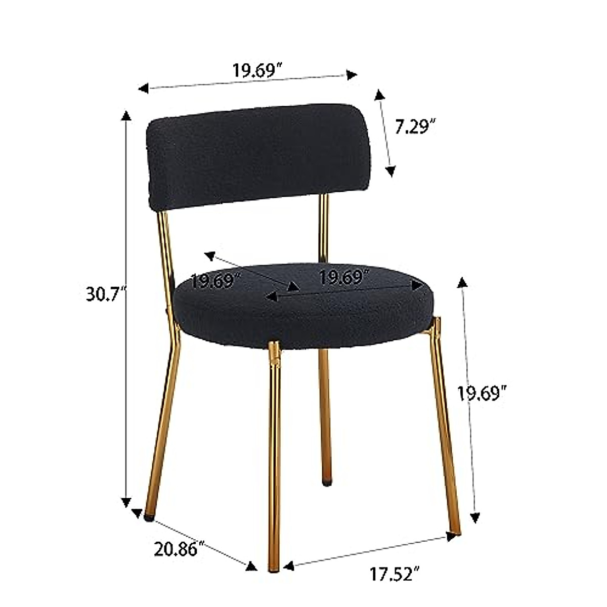 Dolonm Kitchen Dining Chairs Set of 2, Teddy Fabric Upholstered, Bouclé and Sherpa Chair, Curved Back Kitchen Chair, Metal Frame Side Table Chair, Black with Gold Legs (Set of 2)