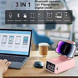 Deeyaple 3 in 1 Wireless Bluetooth Speaker with Loud Alarm Clock Cell Phone Stand TF Card Reader 12H Display Mic HD Surround Sound Kitchen Bedroom Office Cell Phone＆Tablet (Pink)