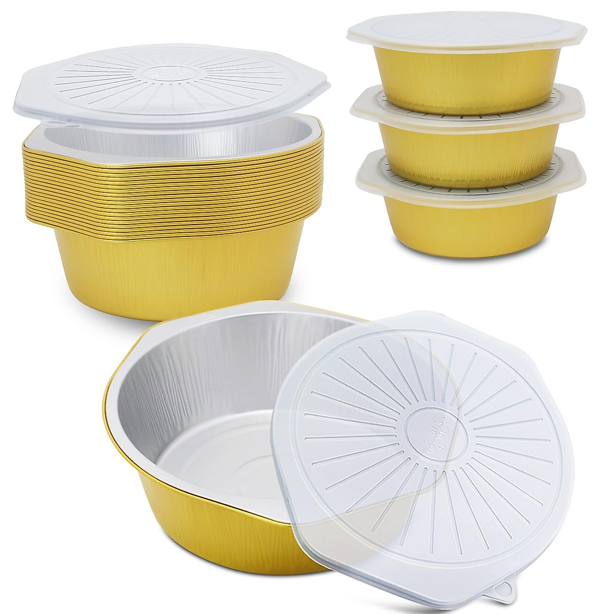 YAFIRST 20 Pcs 8" Aluminum Foil Pans with Lids, 3X Thick Heavy Duty Tin Food Containers 3lb. Disposable Cookware Baking Pans for Cooking, Baking & Meal Prep. Oven, Freezer and Microwave Safe.