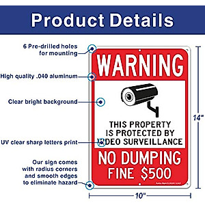 Warning No Dumping Fine $500 Sign, This Property Is Protected By Video Surveillance Sign, 14 x 10 Inches .040 Rust-Free Aluminum, UV Protected, Weather Resistant, Durable Ink, Easy to Mount (2 Pack)