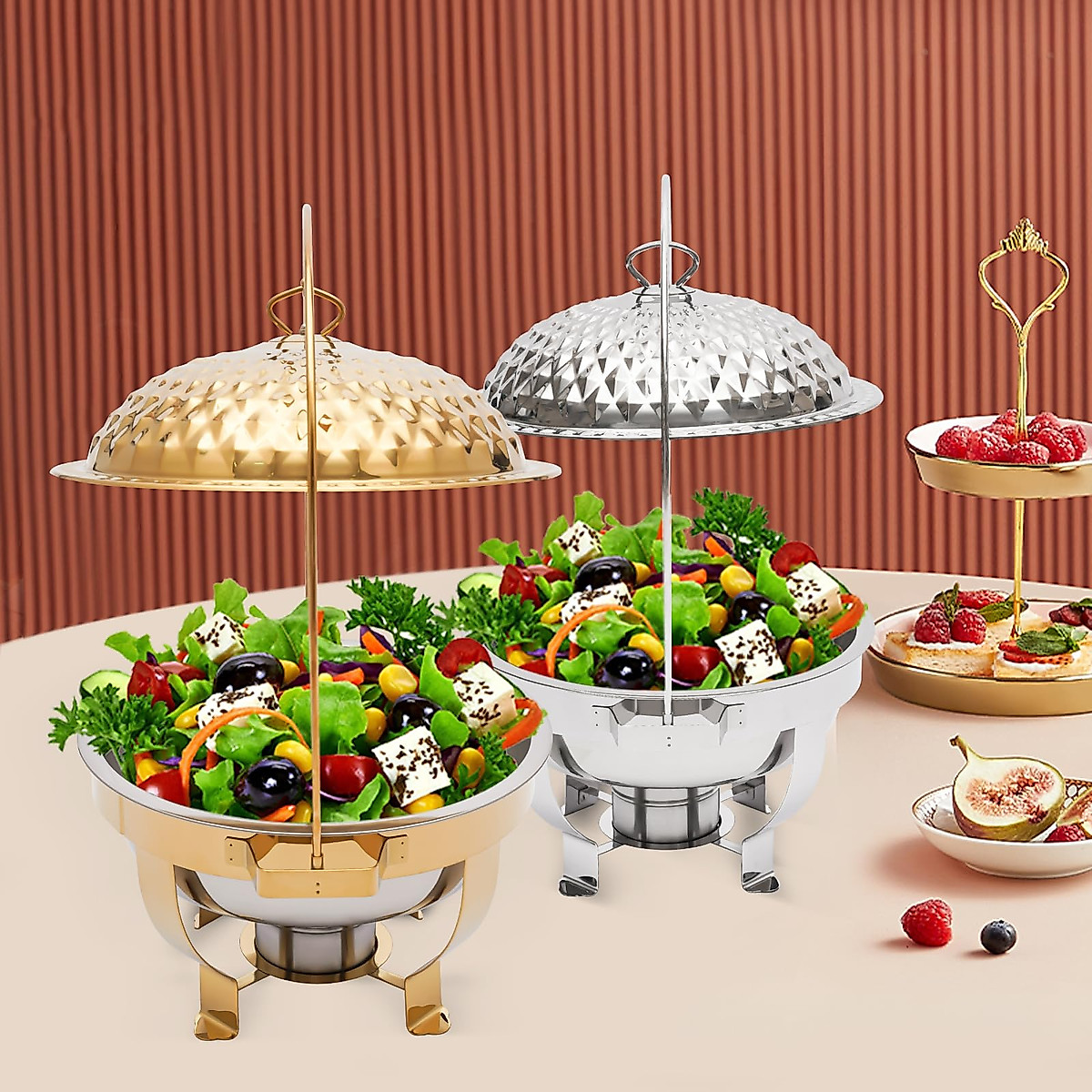 Chafing Dish Buffet Set Gold/Silver,4.5L Round Stainless Steel Chafing Dish Buffet Set Buffet Servers and Warmers Warming Tray for Kitchen Party Banquet (Silver)