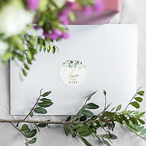 Mobiusea Creation Greenery Save The Date Stickers for Envelopes | 1.4 inch | Gold Foil | 108pcs Waterproof Invitation Stickers for Wedding, Bridal Shower, Birthday, Baby Shower