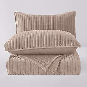 SHALALA Velvet Quilt King Size,Striped Bedding Set,Lightweight Velvet Comforter,Luxurious Suede Bedspread and Coverlet with Soft Brushed Microfiber Back for All Season(Light Taupe,King)