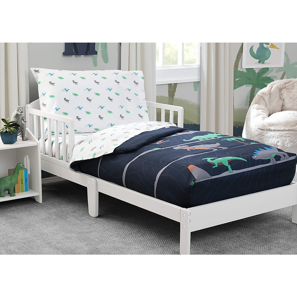 Delta Children 4 Piece Toddler Bedding Set for Boys - Reversible 2-in-1 Comforter - Includes Fitted Comforter to Keep Little Ones Snug, Bottom Sheet, Top Sheet, Pillow Case - Jurassic Dinosaur