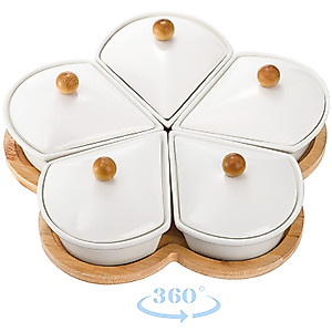 yarlung Lazy Susan Divided Serving Dishes Appetizer Tray, 5 Removable Ceramic Snack Bowls with Lids and Bamboo Platter, Relish Tray Nuts Dishes for Chips, Fruits, Candy