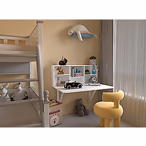 Haotian FWT07-W,White Folding Wooden Wall-Mounted Drop-Leaf Table Desk Integrated with Storage Shelves
