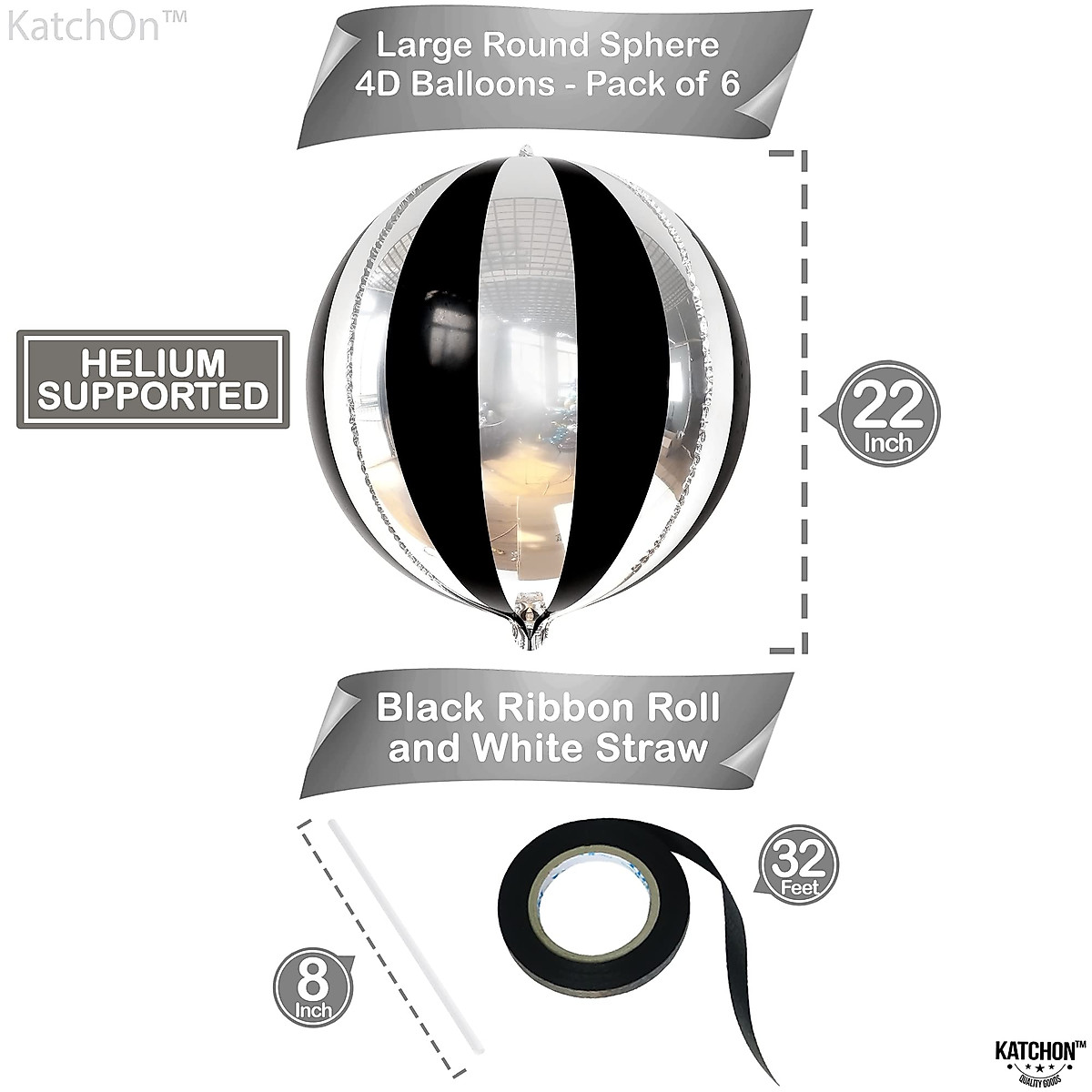 Big, 22 Inch Black and Silver Balloons - Pack of 6, Black and Silver Party Decorations | 360 Degree 4D Stripe Black Silver Balloons | Silver and Black Balloons for Black and White Party Decorations