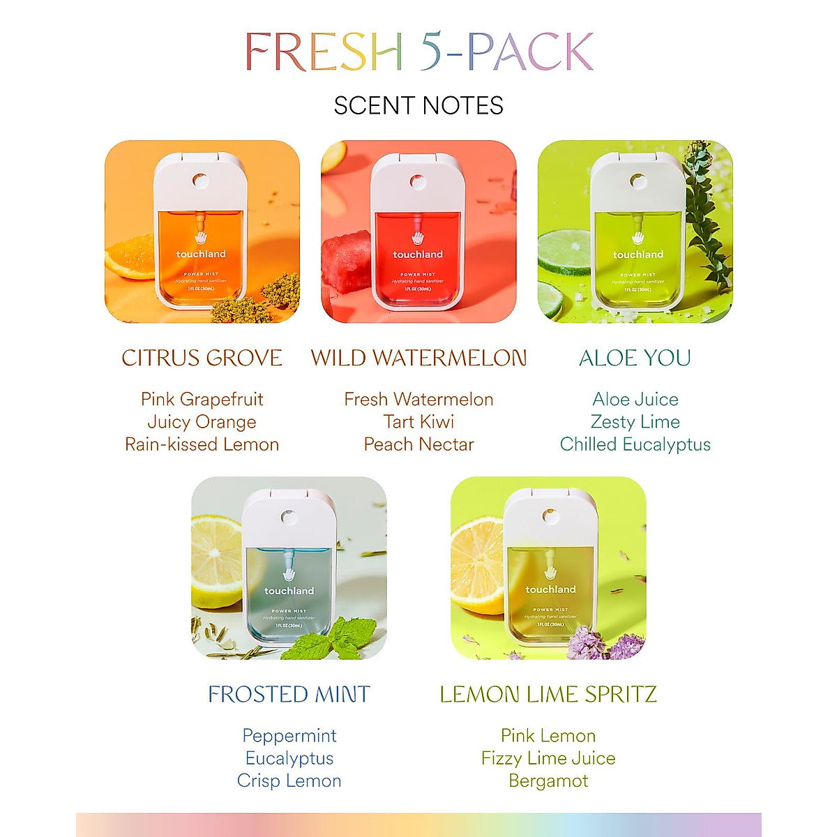 Touchland Power Mist Hydrating Hand Sanitizer FRESH 5-PACK | Mint, Citrus, Lemon Lime, Aloe, Watermelon | 500-Sprays each, 1FL OZ (Set of 5)