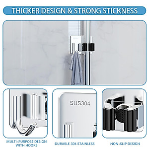 3-H 6 Pack Broom Hanger Wall Mount,Broom Holder Stainless Steel,Broom Holder Wall Mount Self Adhesive,Broom Organizer Storage Tool Racks for Home Kitchen Garden Laundry Garage(Silver)