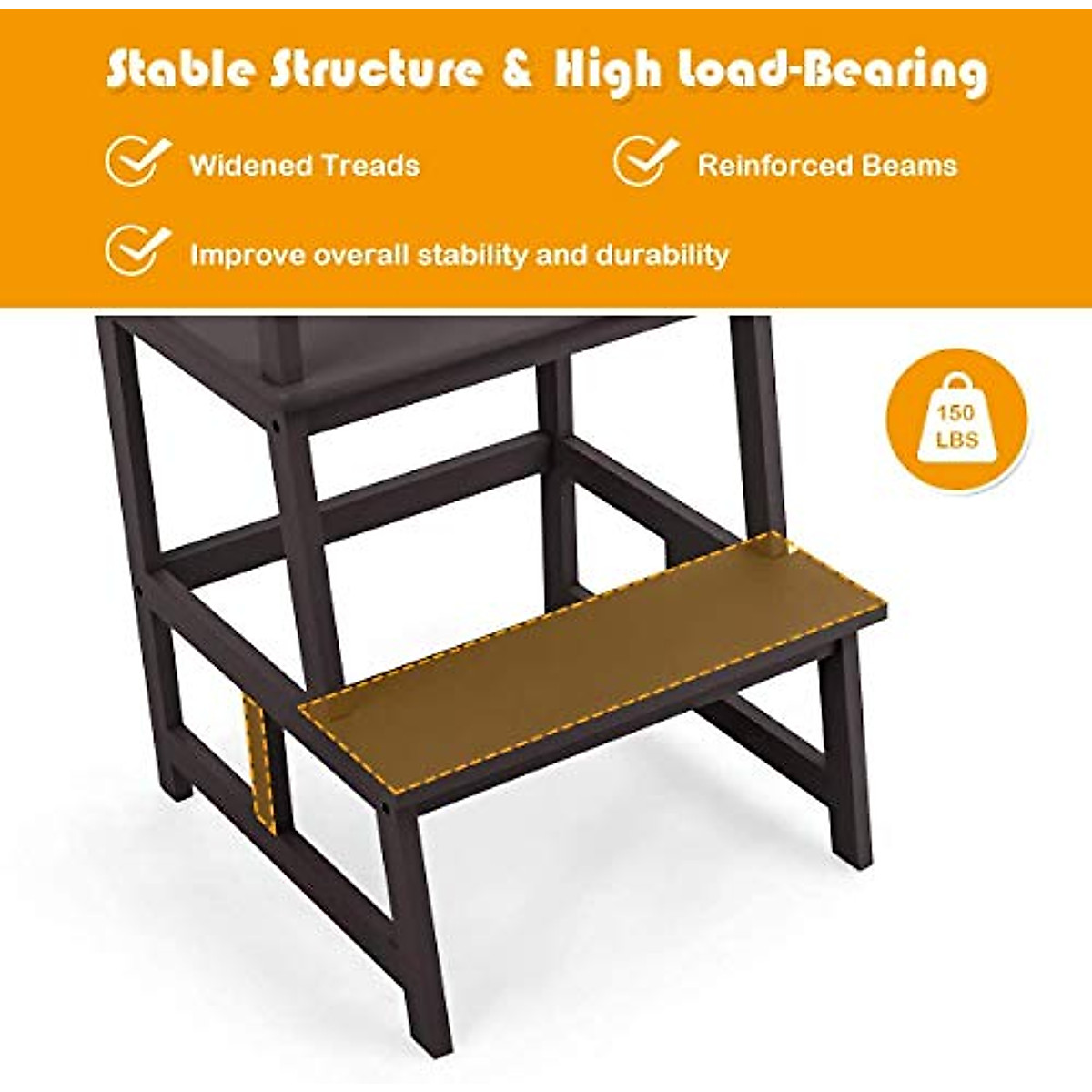 SUNYAO Kids Kitchen Step Stool with Safety Rail - Bamboo Step Stool for Toddlers Age 18 Months and Older, Black Color