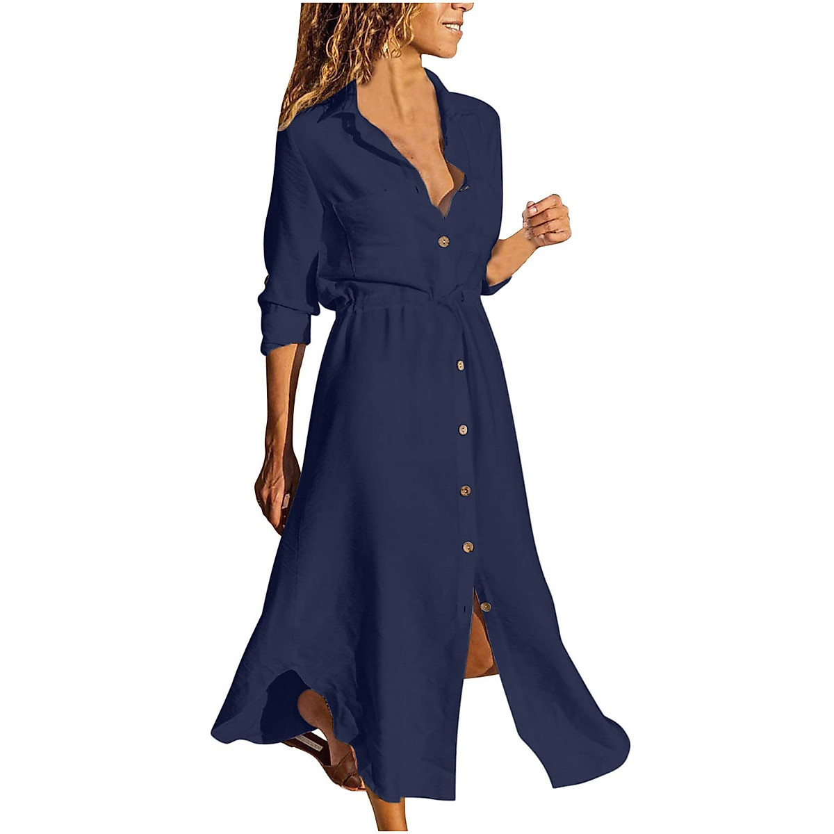 Ceboyel Linen Shirt Dresses for Women Button Down Drawstring Causal Dress Plain Long Maxi Dresses Trendy Ladies Outfits 2023 Sundresses for Women Navy 2X