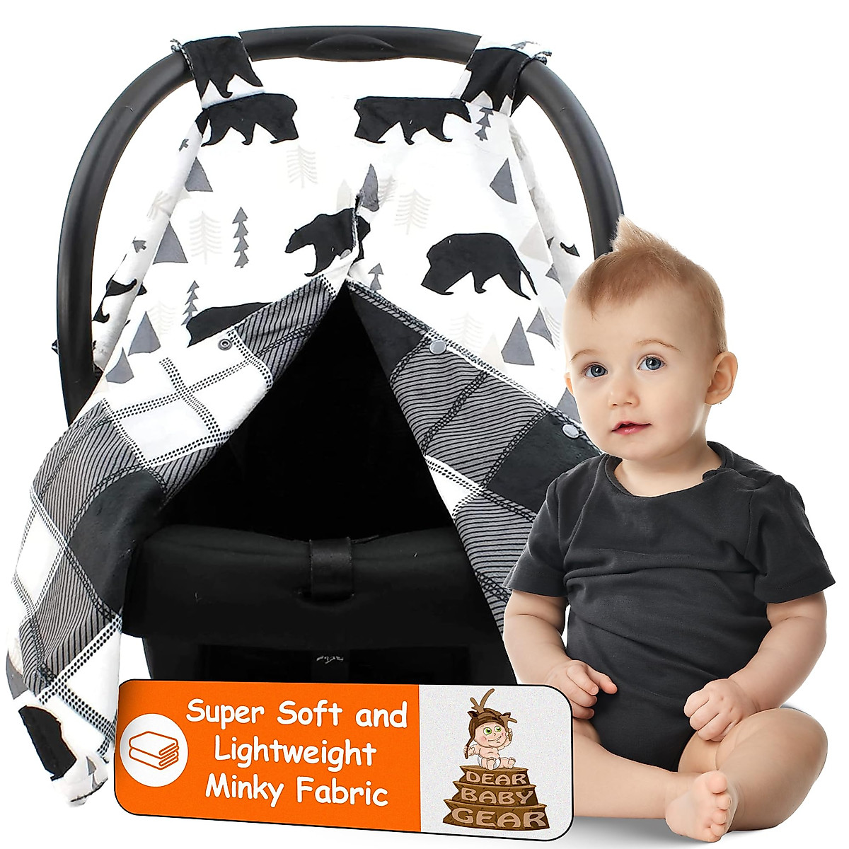 Dear Baby Gear - Infant Carseat Canopy and Winter Cover - Car Seat Cover for Girls & Boys - Doubles as Stroller Covers - Black Bears - Black and Grey - Plaid - 40" x 30"