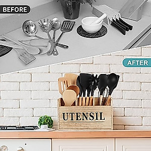Large Rustic Kitchen Utensil Holder for Countertop, Farmhouse Wooden Utensil Holder for Kitchen Counter, 3 Compartment Rustic Cooking Utensil Holder, Kitchen Utensil Organizer Caddy for Home Decor