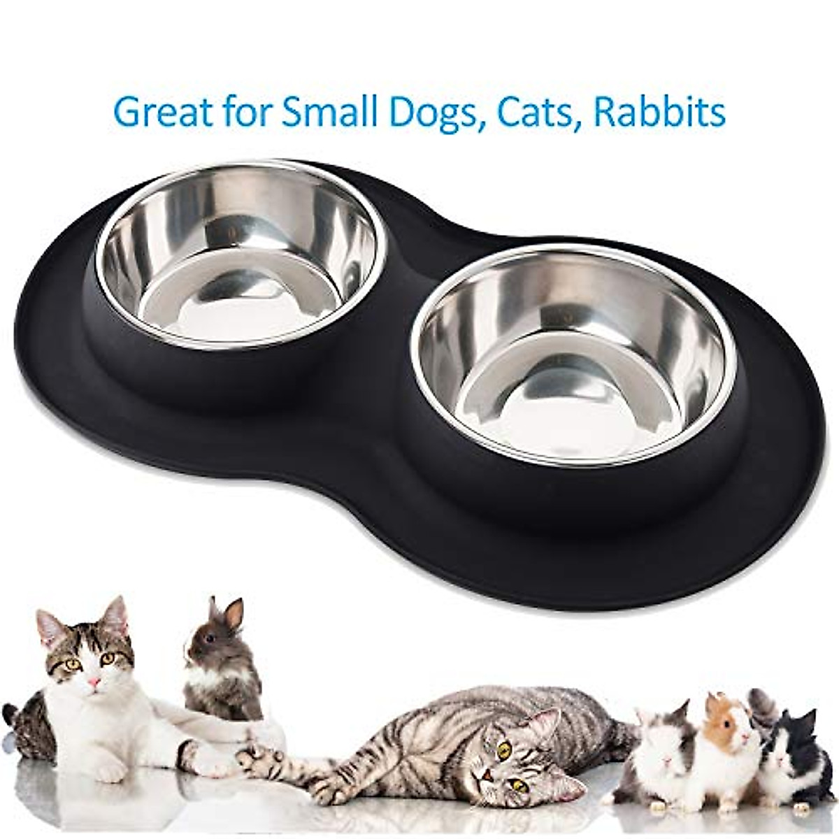 Roysili Double Dog Bowl Pet Feeding Station, Stainless Steel Water and Food Bowls with Non Skid Non Spill Silicone Mat, Premium Quality Dog Bowl Holder for Small Medium Dogs Cats Puppy (Small, Black)