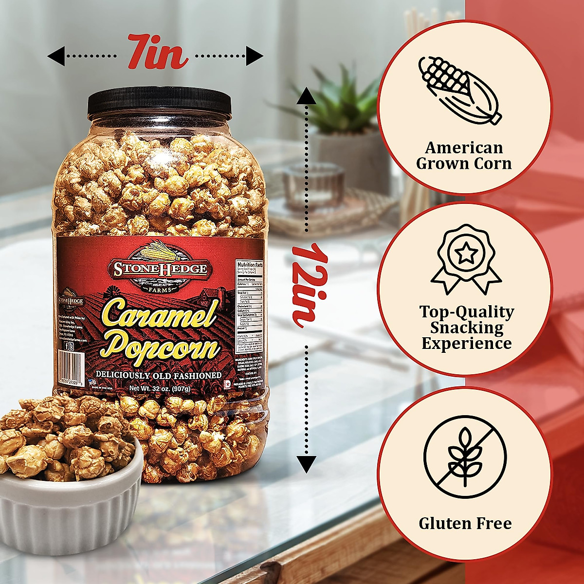 Stonehedge Farms Caramel Flavored Popcorn - 32 oz (Pack of 2) Reclosable Barrels - 4 Pounds of Popcorn - Made in the USA - Gluten Free