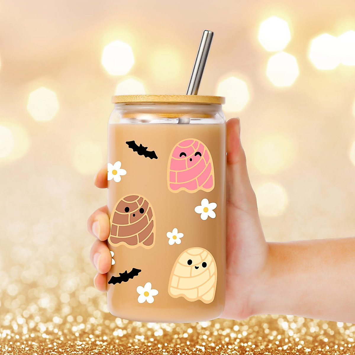 Lovearth Spooky Conchas Iced Coffee Cup, 16oz Halloween Glass Cup with Lid and Straw, Conchas Ghost Coffee Tumbler, Mexican Pan Dulce Gifts, Boo Basket Stuffers for Women, Dia de Muertos