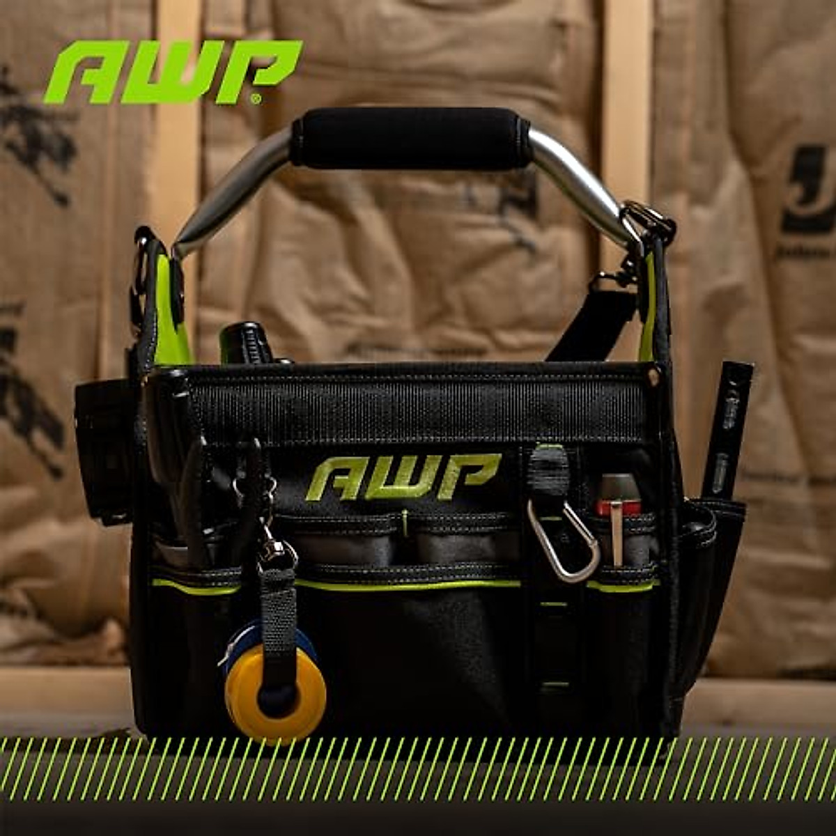 AWP 12 Inch Pro Tool Tote with Rotating Handle for Easy Tool Access, Water-Resistant Construction, Black/Green