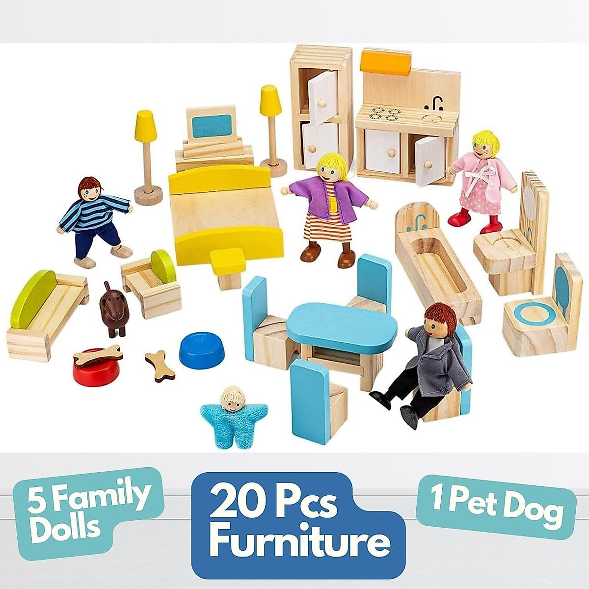 PIDOKO KIDS Skylar Wooden Dollhouse - Includes 20 Pcs Furniture Accessories, 5 Family Dolls and a Pet Dog - Wood Doll House for 3 4-5 Year Old Girls & Boys