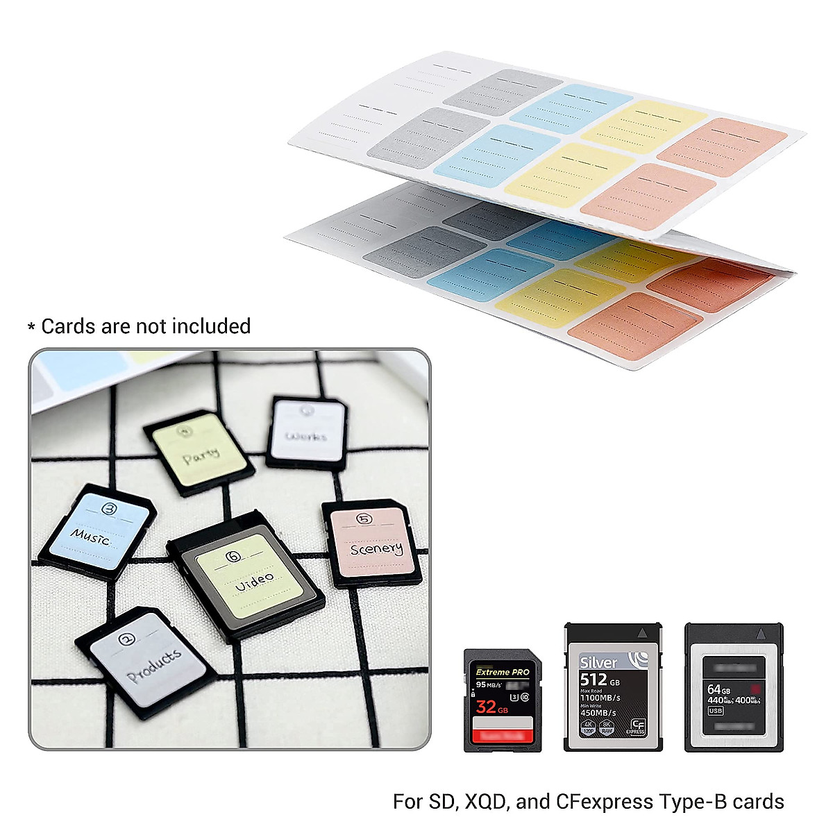 (120 Count) Multi-use Label Printable Stick-On Camera Memory Card Labels SD SDHC SDXC XQD CF CFexpress Type-B Card USB Flash Drive Removable Stickers Cards Mark Paper Labeler
