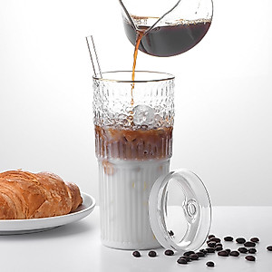 FULGNU Glass Cups with Lids and Straws, 24 OZ Glass Tumbler with Straw and Lid Iced Coffee Cups, High Borosilicate Glasses Clear Glass Cups Set for Cocktail,Smoothie,Water