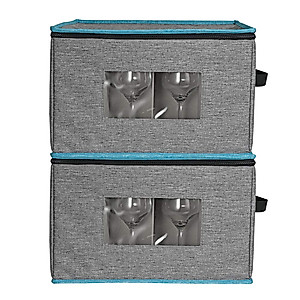 Benzoyl Wine Glass Stemware Storage Box with Lid, Padded Hard Shell Box with Dividers, Handle 12 Holds Wine Glasses Canvas Case, China Storage Containers for Champagne, Wine Gray 2 Packs