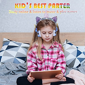 Unicorn Kids Bluetooth Headphones for Girls, Wireless Headphones with Microphone for Teens, Safe Volume Limited 85db POM Cat Ear Over-Ear Headset HD with Mic for School/Tablet/Birthday Xmas Gift