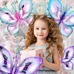 Butterfly Birthday Decorations, 6Pcs 40Inch Large Beautiful Butterfly Foil Mylar Balloons Butterfly Themed Birthday Party Decors for Girls, Baby Shower Decorations (Pink/Blue/Purple)