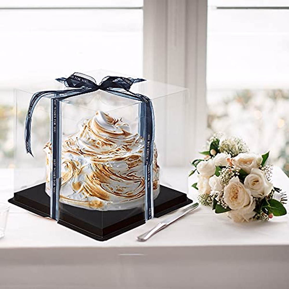 Clear Cake Box,4 Pcs Transparent Cake Box with Ribbon for Pastries10" X 10" X 9"-Clear Tall Cake Box- Clear Gift Boxes with Lid for Wedding Party and Gift Display (Black-4 Set)