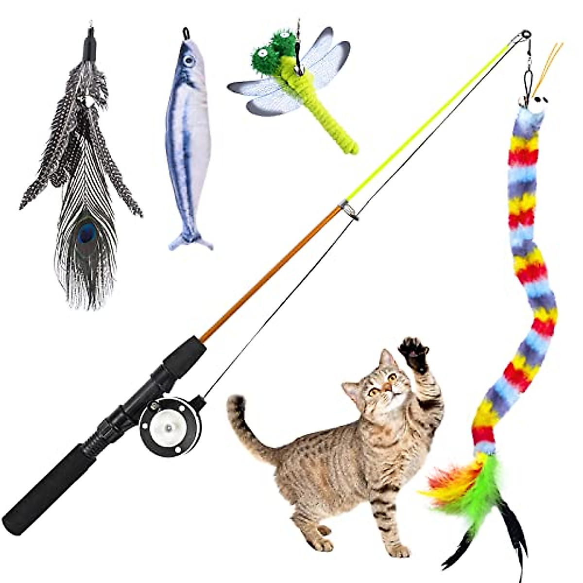 Cat Fishing Pole Toy, 1 Retractable Cat Wand 4 Replacement Attachments with Feathers Fish Dragonfly Caterpillar with Crinkle Paper Interactive Kitten Toys Gifts with Detachable Bells Nylon Rope
