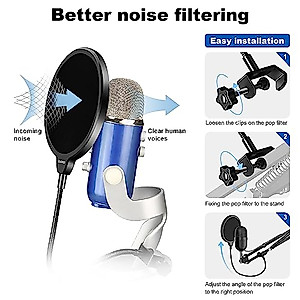 Aokeo Professional Microphone Pop Filter Mask Shield • For Blue Yeti and Any Other Microphone • Mic Dual Layered Wind Pop Screen • With A Flexible 360° Gooseneck Clip Stabilizing Arm