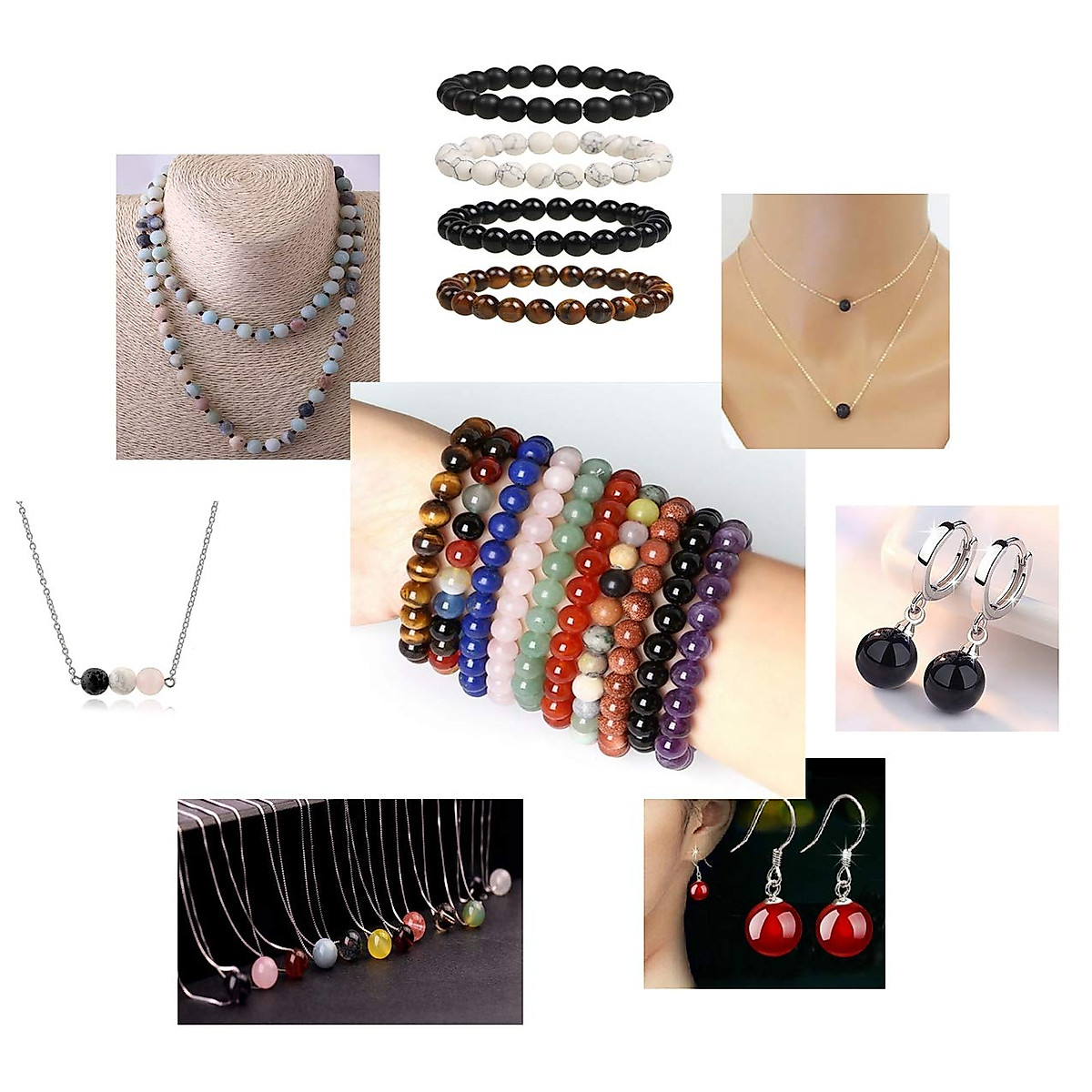 Natural Stone Beads 200pcs Mixed 8mm Round Genuine Real Stone Beading Loose Gemstone Hole Size 1mm DIY Charm Smooth Beads for Bracelet Necklace Earrings Jewelry Making (Stone Beads Mix 200pcs)