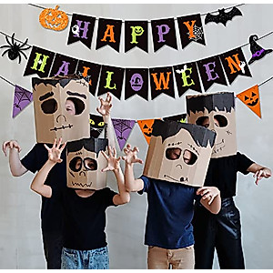 JKQ Colorful Happy Halloween Banner and Halloween Pattern Pennant Banner Halloween Paper Bunting Banner with Pumpkin Spider Bat Witch Hat Signs Halloween Haunted House Party Decorations for Wall