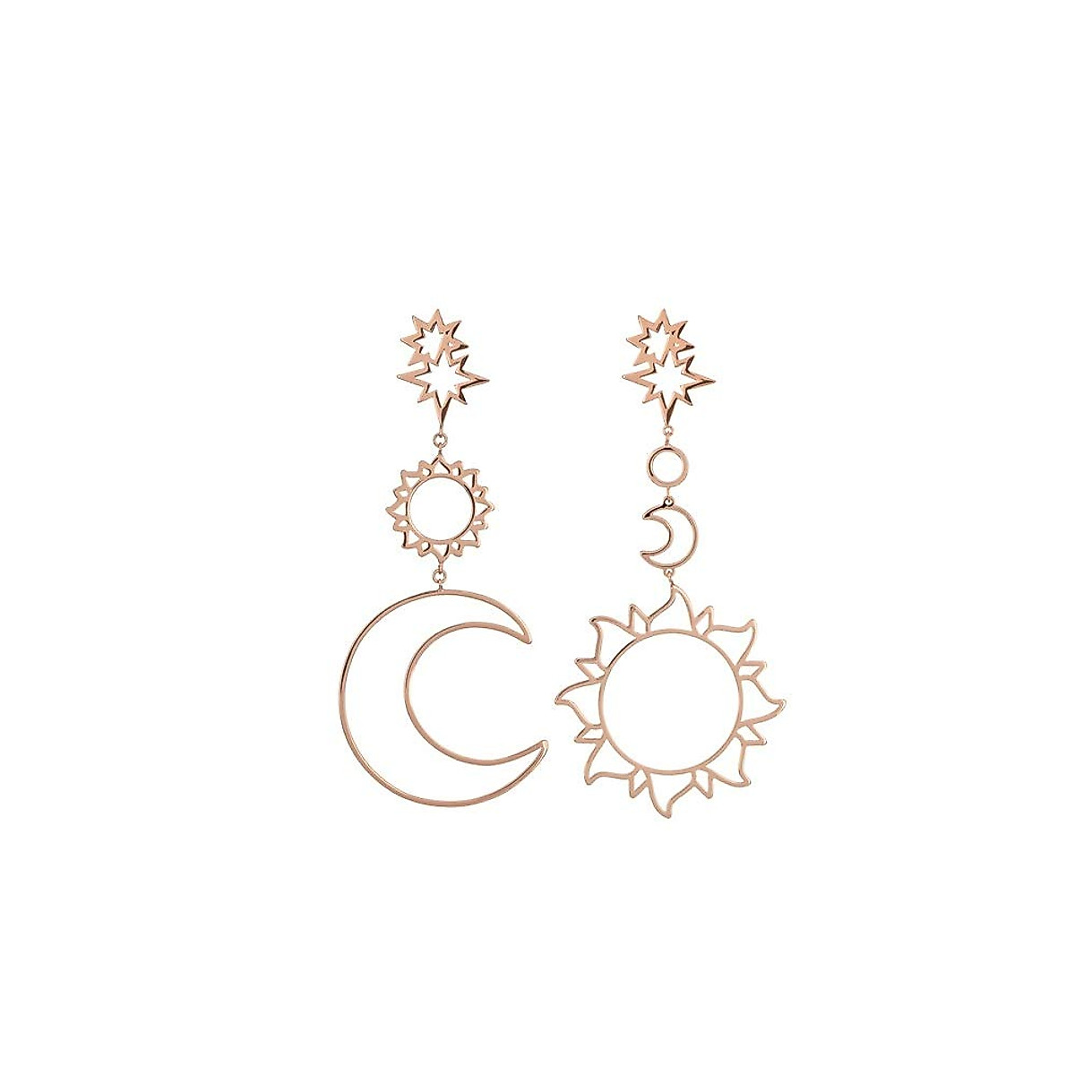 Bohemian Hollow Sun Moon Stars Asymmetric Big Drop Dangle Earrings for Women Jewelry-Gold