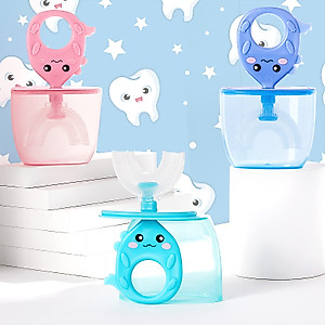 Baderke 3 Pieces Kids U Shaped Toothbrush Silicone Brush Head 360 Degree U Shaped Oral Cleaning Toothbrush with Cover Case Toddler Manual Training Tooth Brush Cute Cartoon Design for Ages 2-8