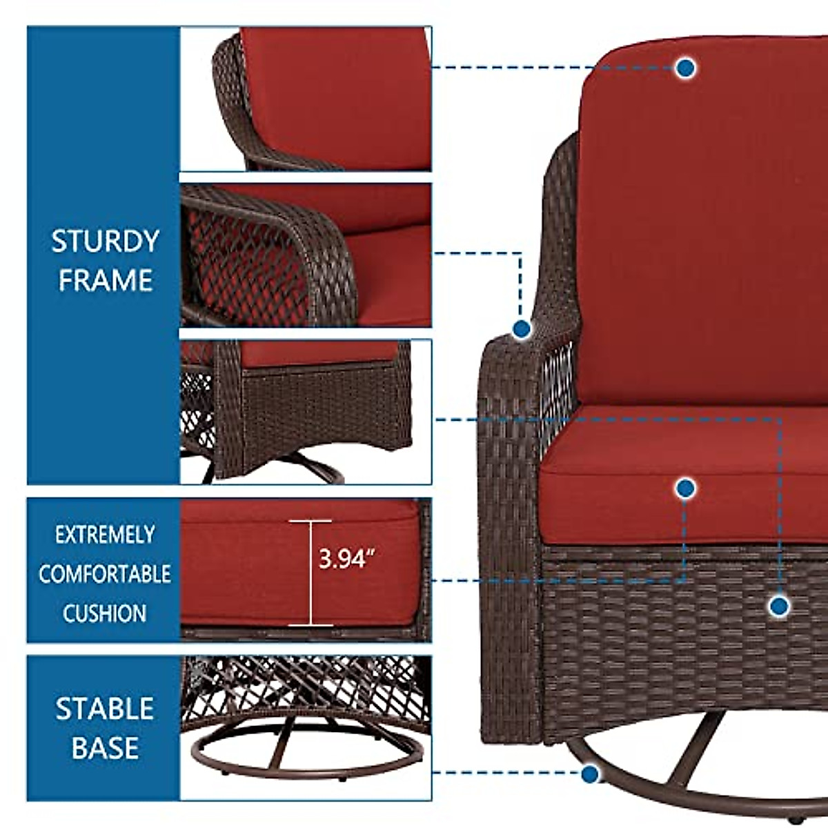 MAGIC UNION Rattan Rockers Outdoor Furniture 3 Piece, Rocking Chairs Wicker Patio Bistro Set with Side Table, Outdoor 360°Swivel Rocker Chairs with Padded Cushions (Dark Red)