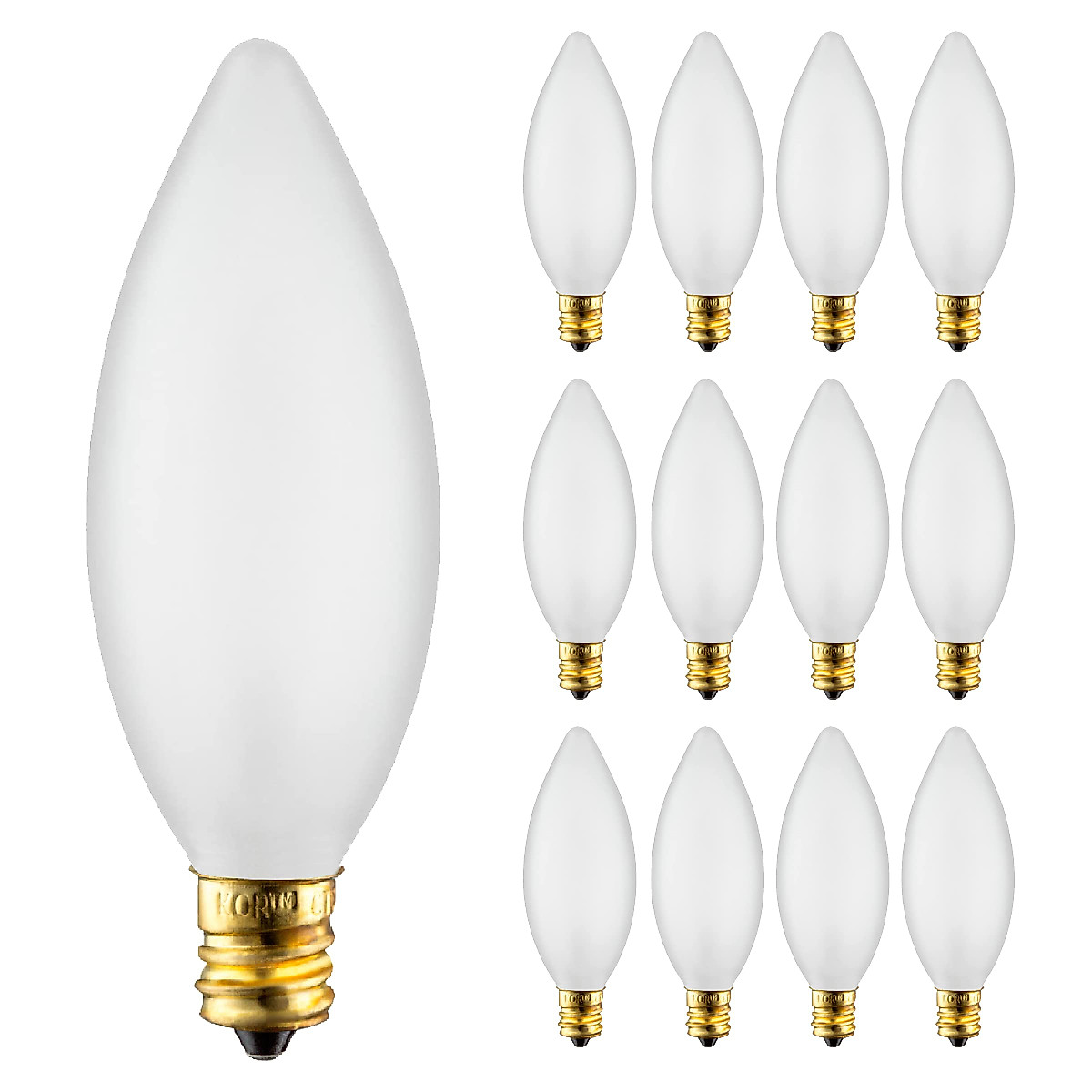 KOR (Pack of 12) 25 Watt Frosted Candelabra Base (E12) Torpedo Tip 120V Chandelier Bulbs