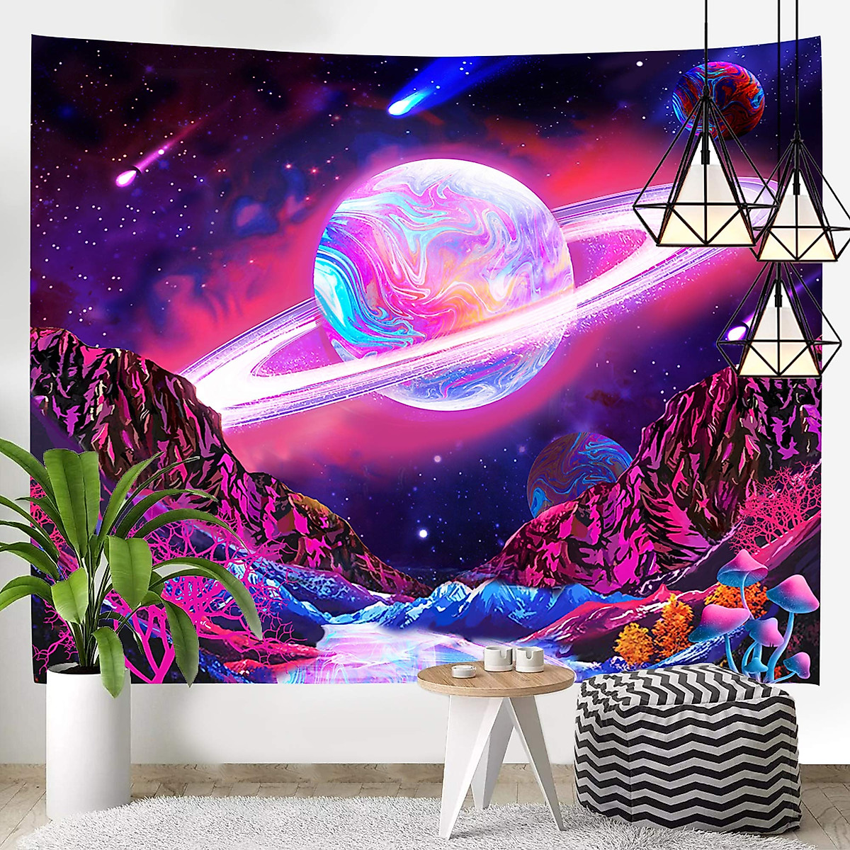 Hexagram Psychedelic Planet Tapestry - Space Galaxy Tapestry Wall Hanging - Black Light Poster - Trippy Mountain Wall Tapestry for Bedroom Aesthetic Home Room Decor - Purple Space Decor- 59x83 Inch