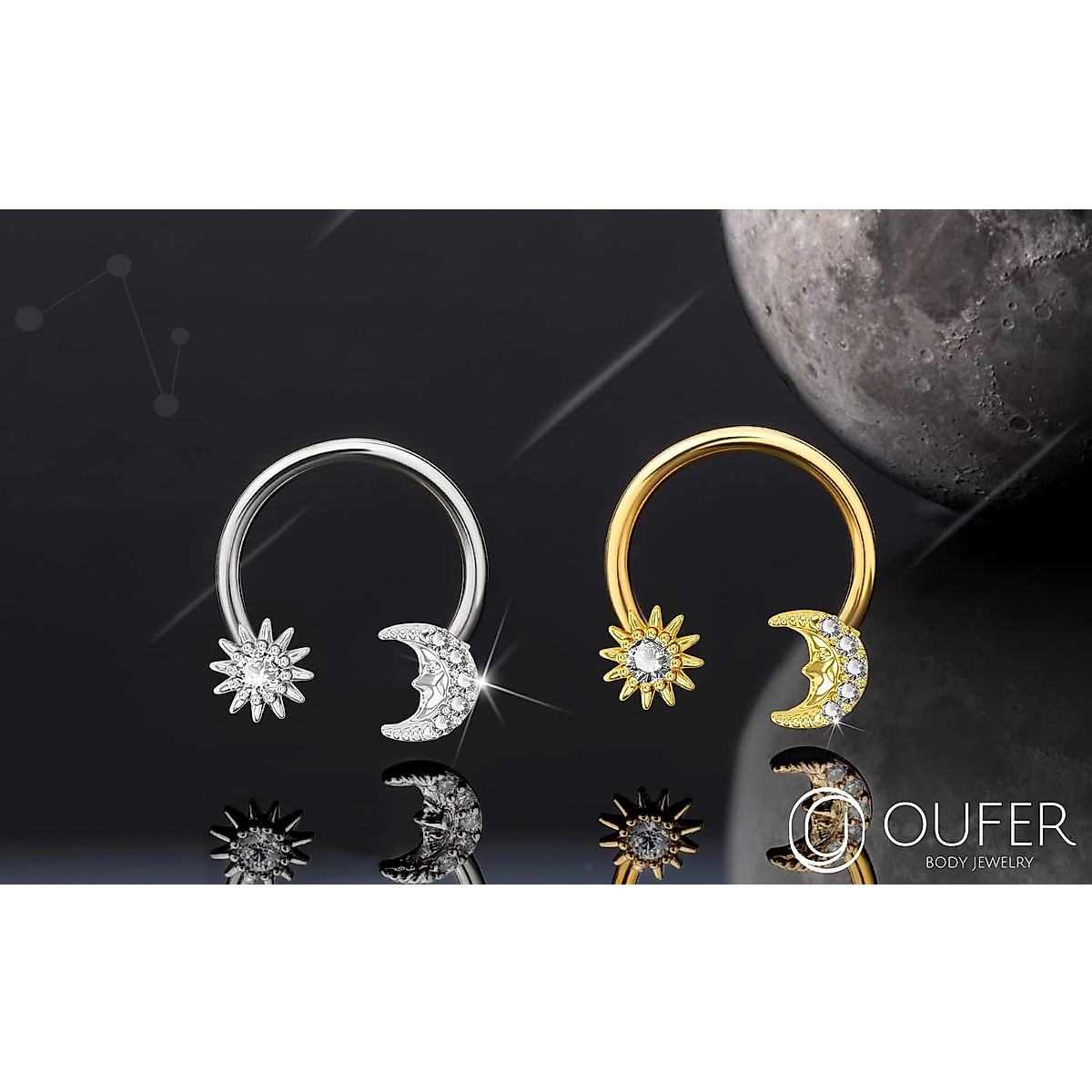OUFER 16G Septum Rings, Star and Moon Design Nose Ring, Helix Earring, 316L Stainless Steel Tragus Daith Snug Conch Piercing Jewelry，Silver-Color