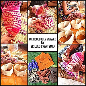 FOREVER 1 – Bamboo Sticky Rice Serving Basket 6.2 x 5.2 Inch, Kratip, Intricately Woven Container, Heart-Shaped, Elephant Weave Pattern, Bright Pink, Thailand Handmade, Dyed with Natural Based