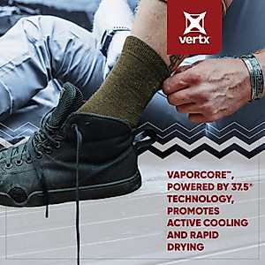 Vertx VaporCore 5" Mens Crew Socks, Moisture Wicking Merino Wool Socks, Quick Drying, Odor Control, for Tactical Hiking Sport Hunting, Athletic, Casual, Ranger Green, Medium