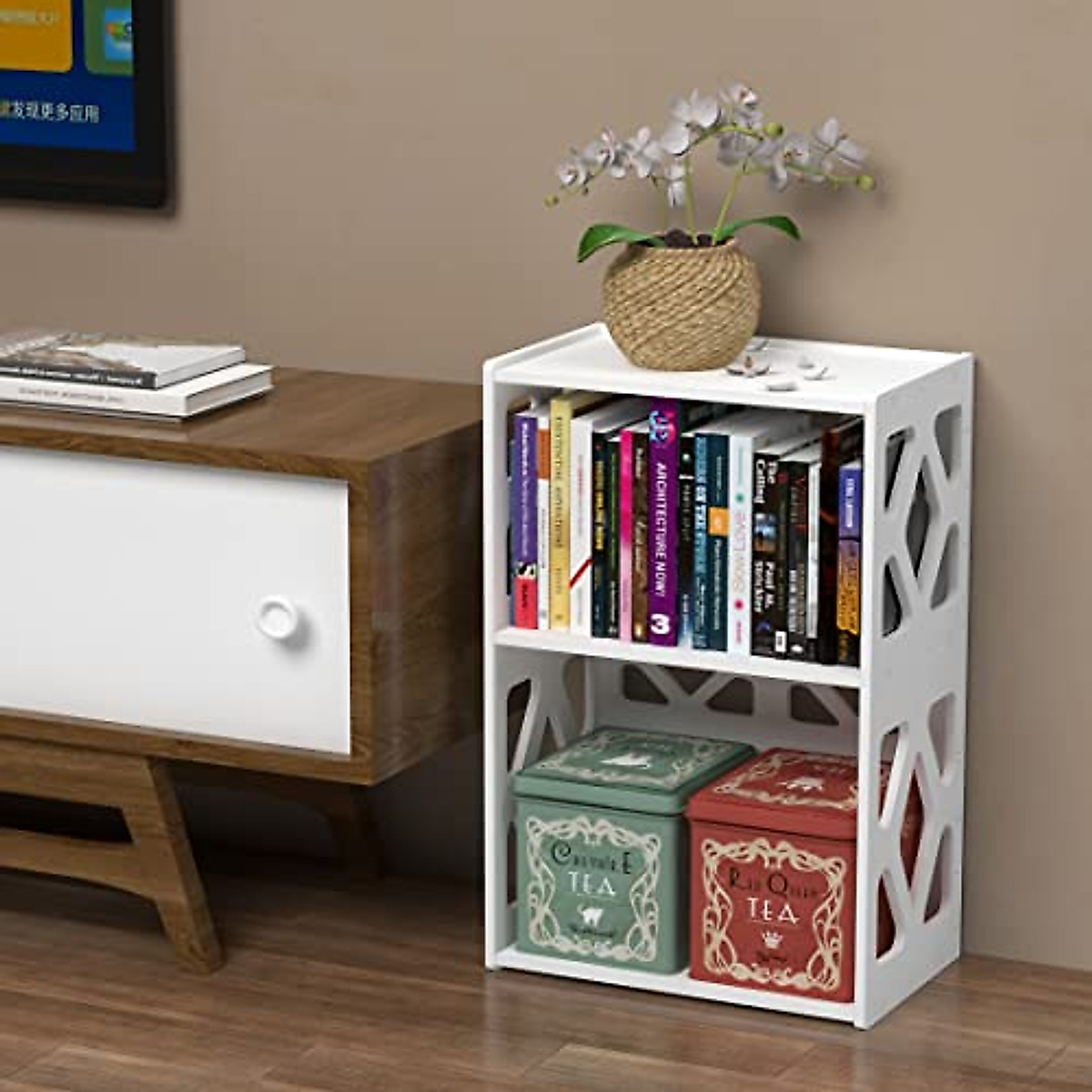 Rerii Small Bookshelf Bookcase for Small Spaces, Bed Side End Table 3 Tier 2 Shelf, Mini Little Book Shelf Case for Kids Room Bedroom Living Room Office, White