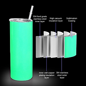 Icesip 25 Pack 20 Oz Glow In The Dark Sublimation Tumblers Stainless Steel Sublimation Tumbler Bulk Skinny Straight Bottom Tumbler with Lid and Straw, White To Green