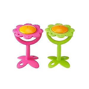 Innobaby Original Teethin' Smart EZ Grip Flower Teether Rattle and Sensory Toy for Babies and Toddlers (2 Pack Green/Pink). BPA Free Teether